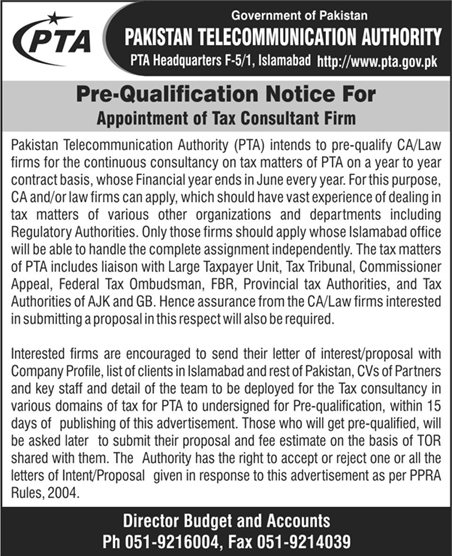 Pre-Qualification Notice for Appointment of Tax Consultant Firm